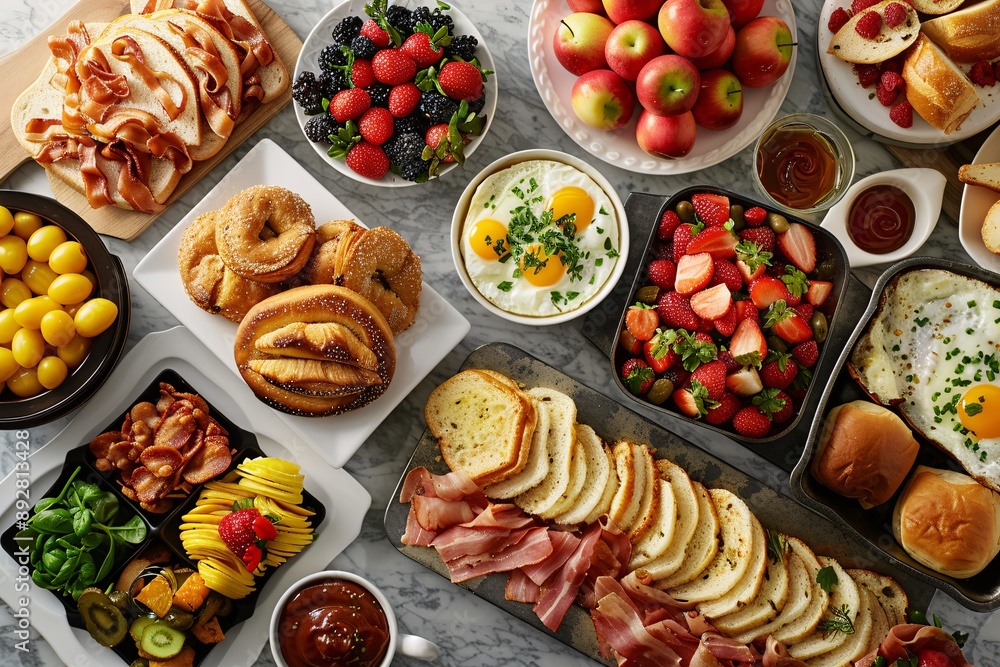 Brunch spread with a variet of dishes pastries. Village Breakfast with ...