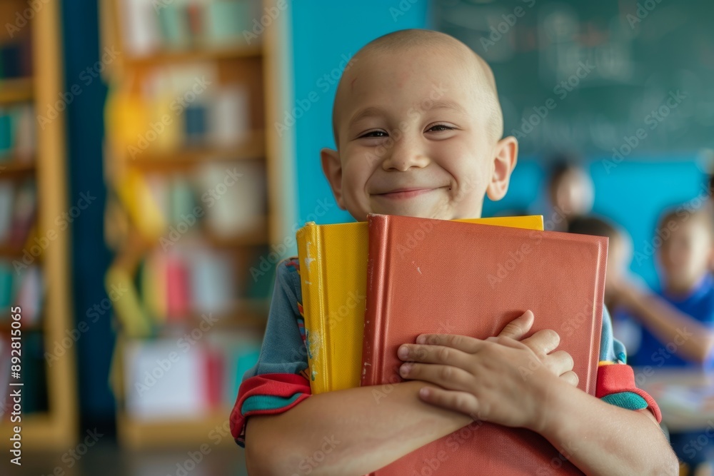 Cheerful child beams while hugging colorful schoolbooks classroom ...
