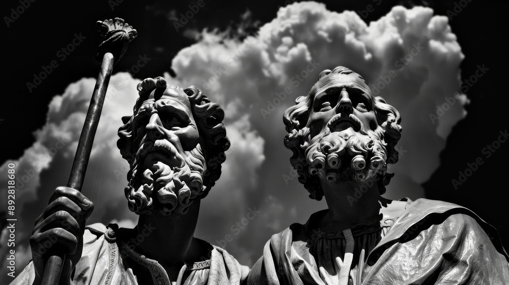 Two figures, representing Abraham and Isaac, stand against a backdrop ...