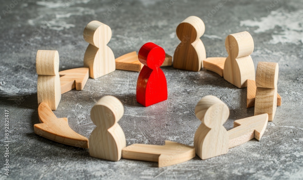 A wide network of lines connects the red person with employees. The ...