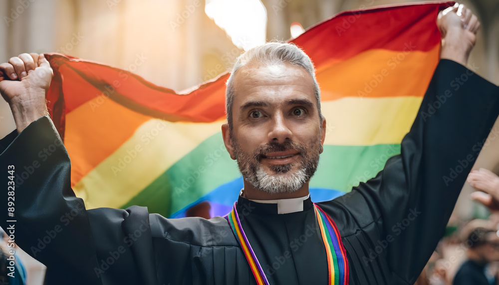 Catholic priest with rainbow flag as a symbol of tolerance and ...