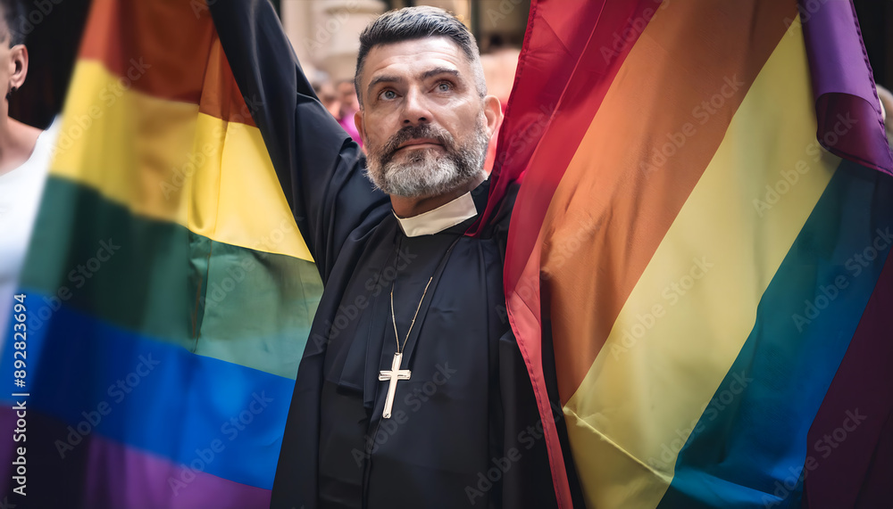 Catholic priest with rainbow flag as a symbol of tolerance and ...