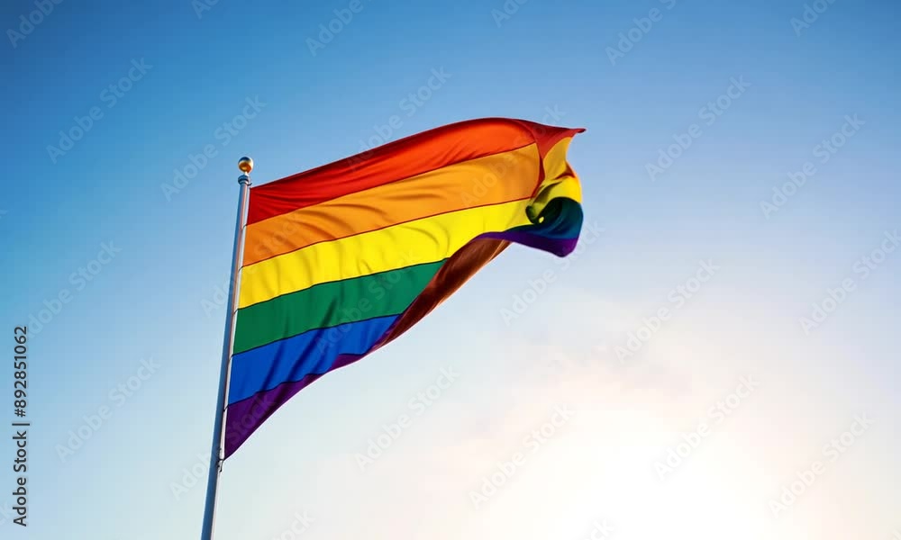 gay pride flag, waving in the wind, lgbt flag on a blue sky, tall ...