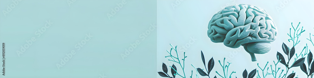 3d render of human brain in leaves on turquoise background. Medical ...