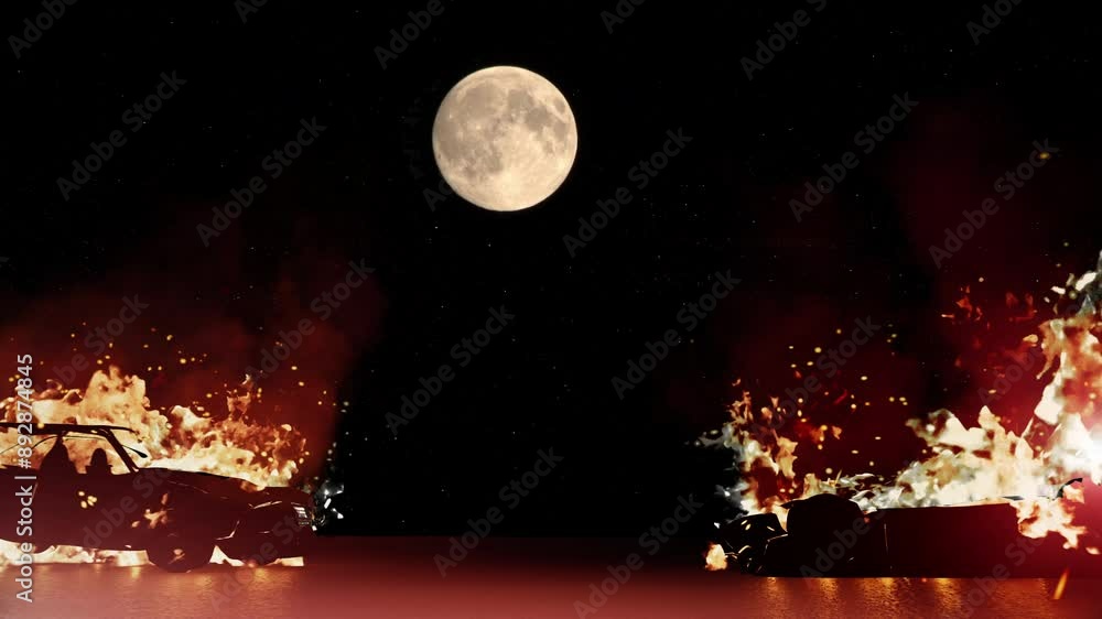 Burning police car in the night. 4K UHD Fire flames from car accident ...