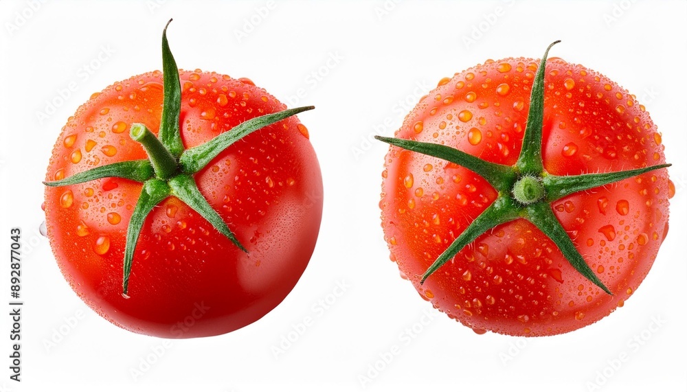 single fresh ripe round tomato with sepal with and without dewdrops top ...