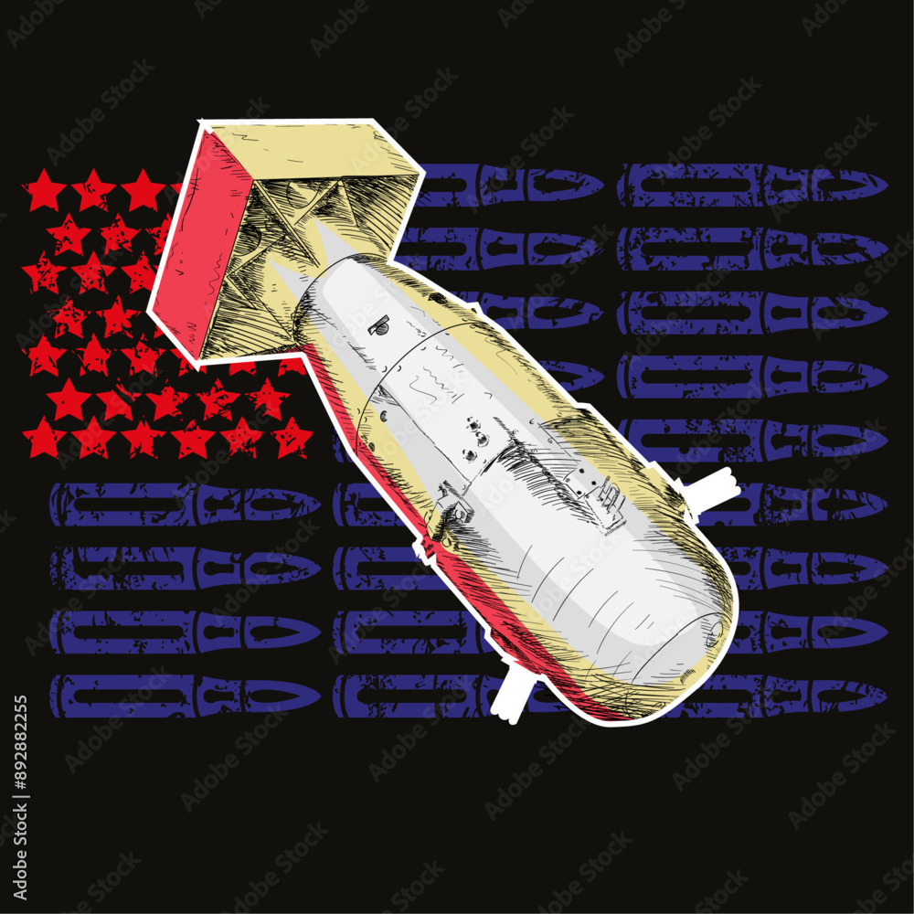 T-shirt design of an atomic bomb next to a US flag made up of ...