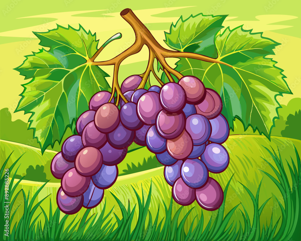 illustration Vector of fresh grapes on a branch with leaves, green farm ...