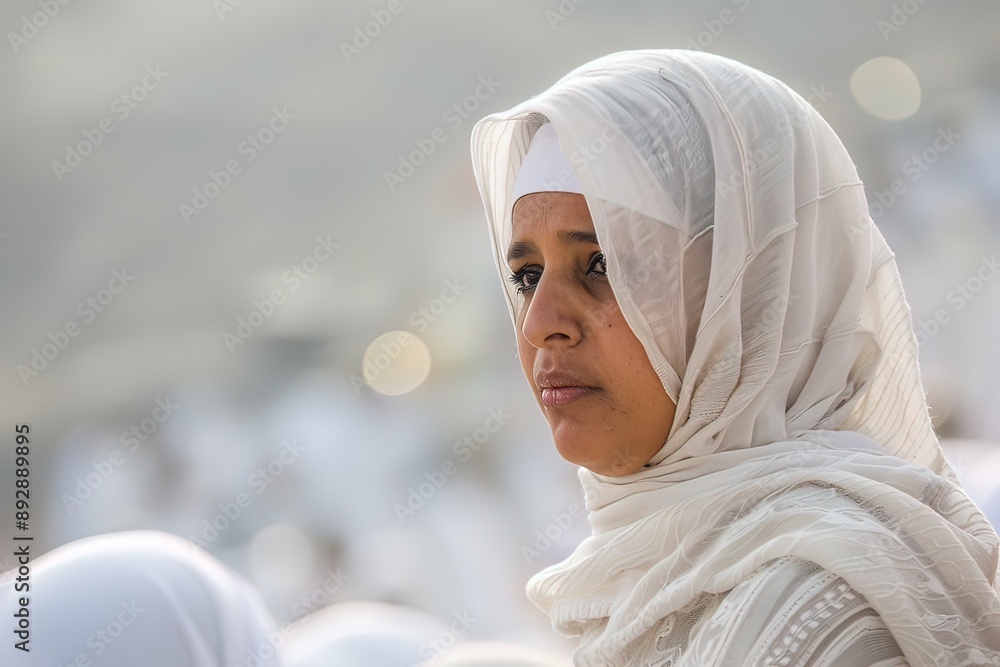 Muslim woman in white hijab during Hajj pilgrimage Stock Photo | Adobe ...