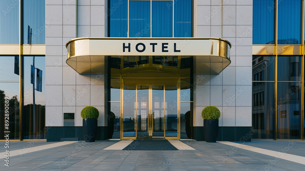 Contemporary luxury hotel Exterior with "HOTEL" signage, five stars ...