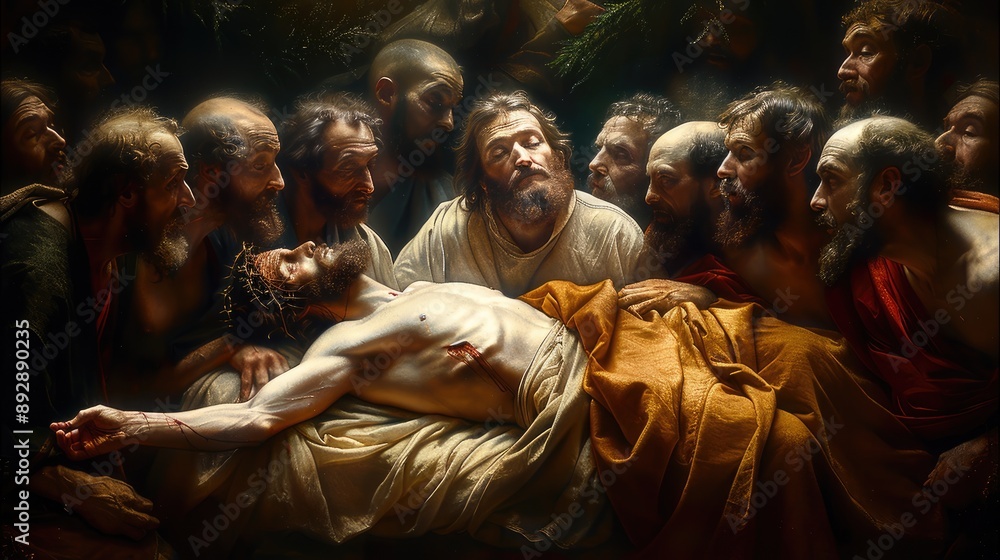 Solemn depiction: image of apostles mourn death of Jesus, capturing ...