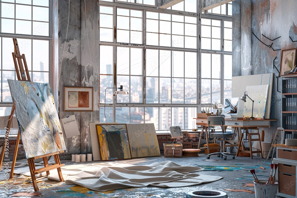 interior of modern artist's studio with large windows and wooden frames ...