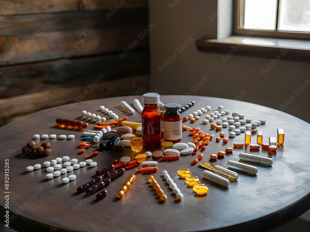 Variedad de medicamentos sedantes y analgésicos repartidos sobre una ...
