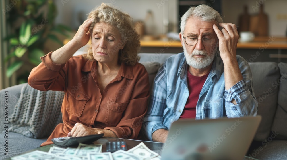 Worried senior retired husband and wife stressed about financial crisis ...