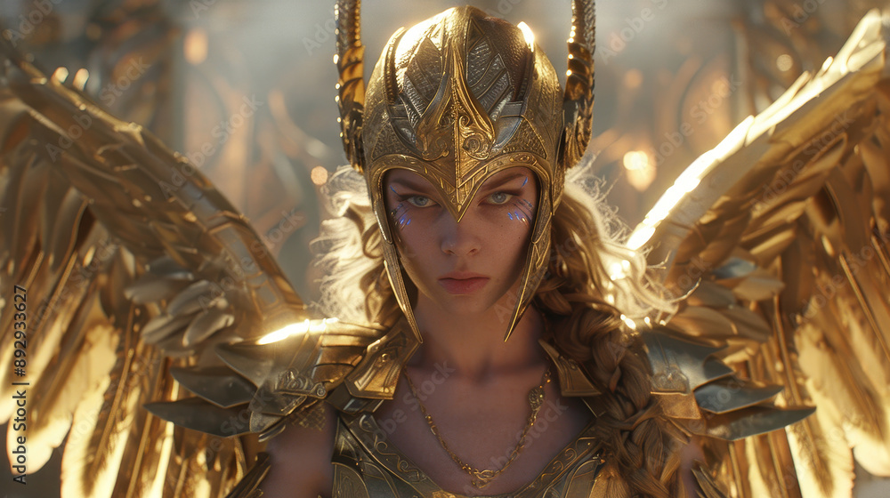 Full body shot of a gorgeous valkyrie wearing gold armor, dark blonde ...