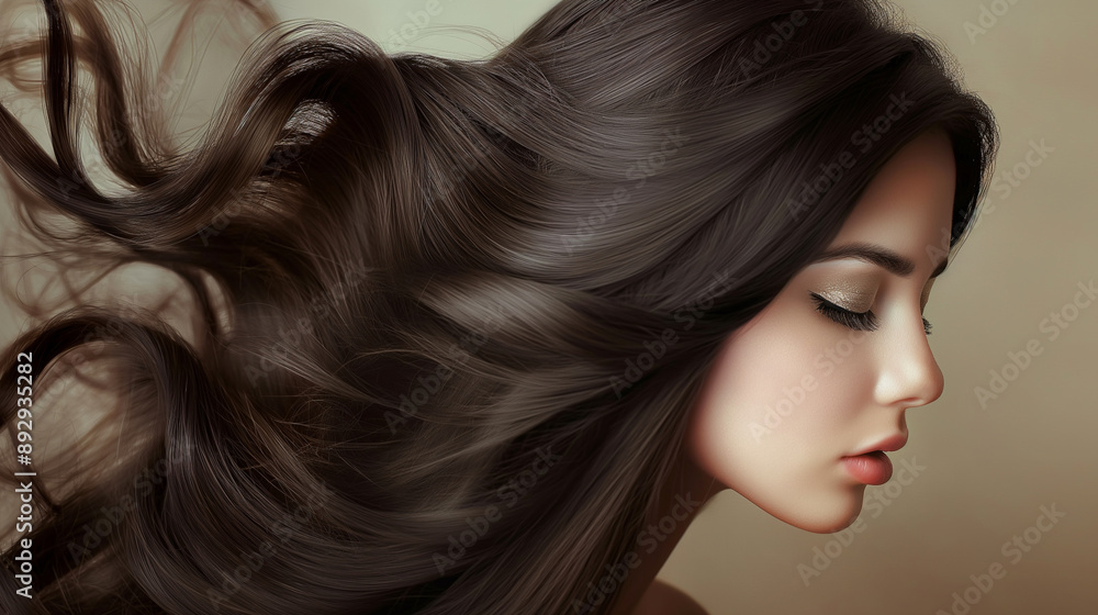 Side profile of woman with long flowing hair, beige background, serene ...