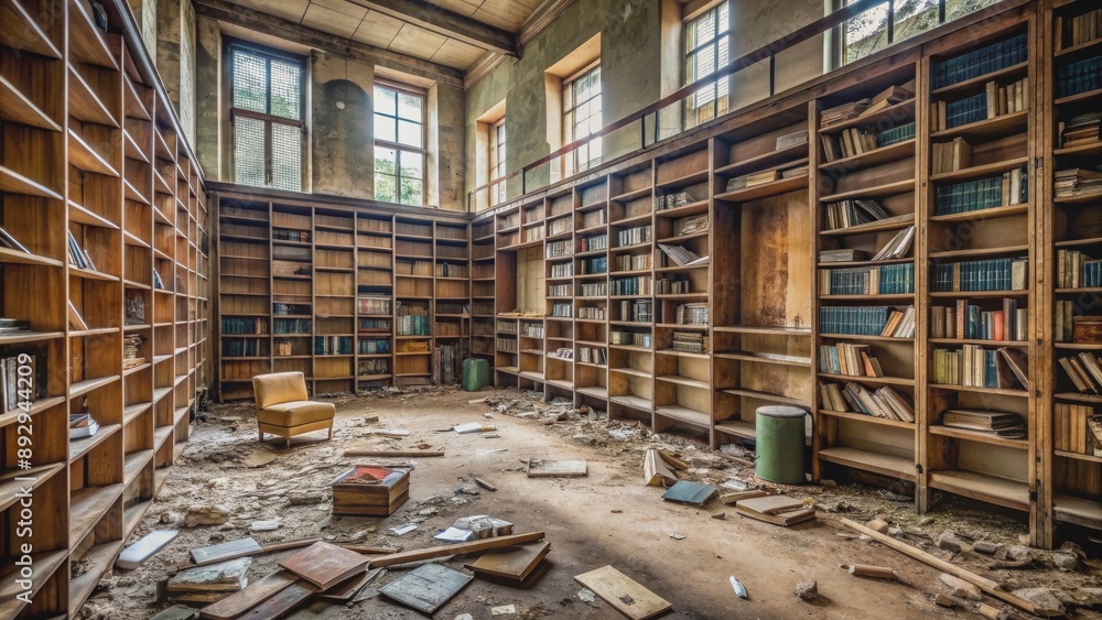 Foto de Abandoned library with dusty shelves and scattered books ...