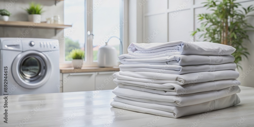 Stack of clean bedding sheets in a laundry room setting, clean, bedding ...
