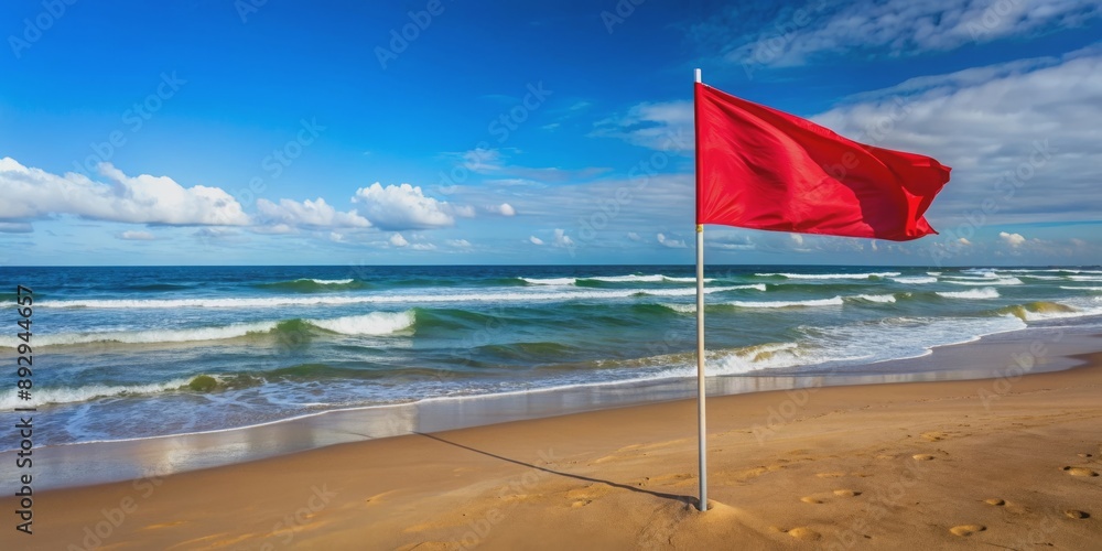 Red flag waving at the ocean's shore, red, flag, ocean, sea, shore ...