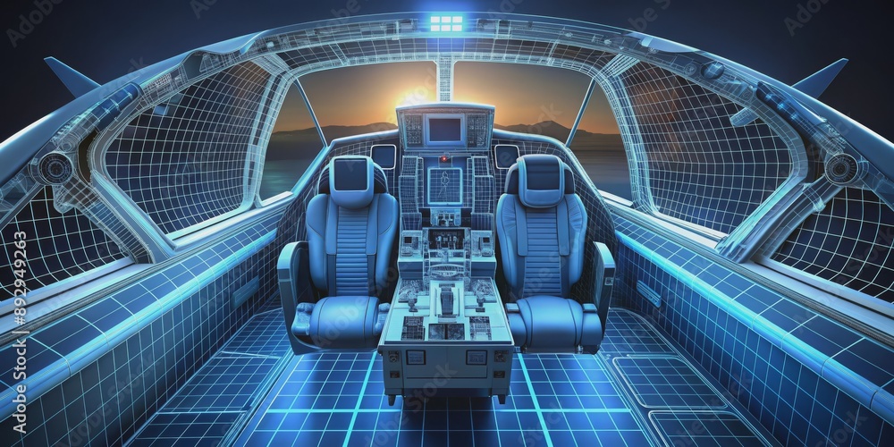 Advanced Fighter Jet Cockpit Wireframe With Detailed Instruments And