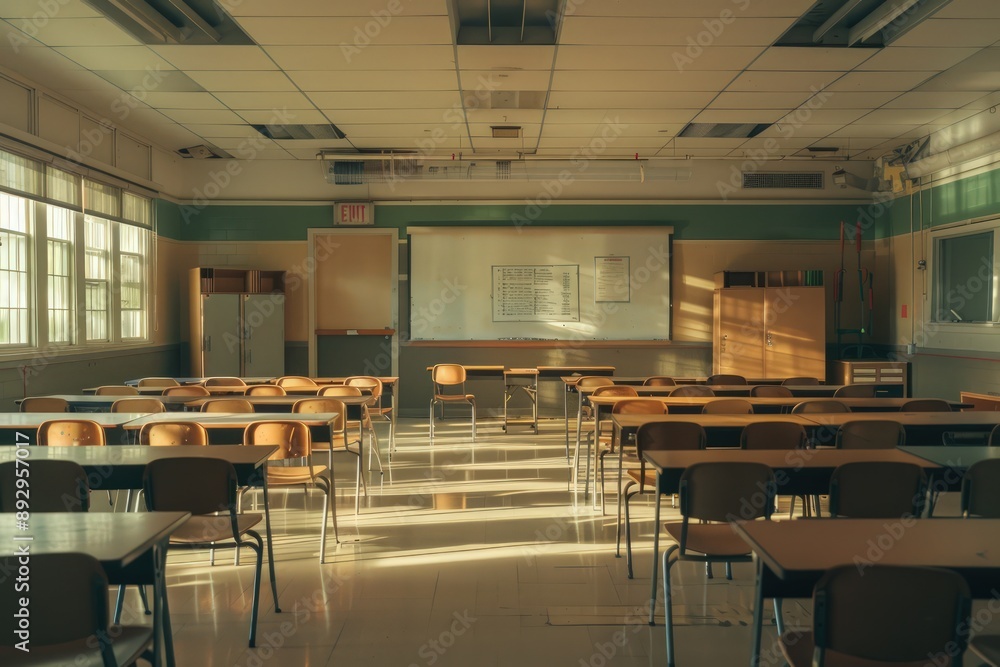 An empty high school classroom with desks and chairs arranged in rows ...