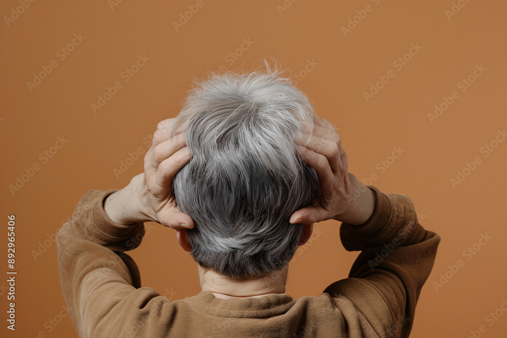 An old woman rubs her head and hair. Old age causes forgetfulness ...