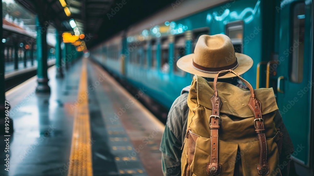 A backpacker wearing a hat stands at the platform of a train station ...