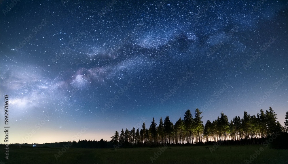 blue night sky with stars over the field of trees the milky way ...
