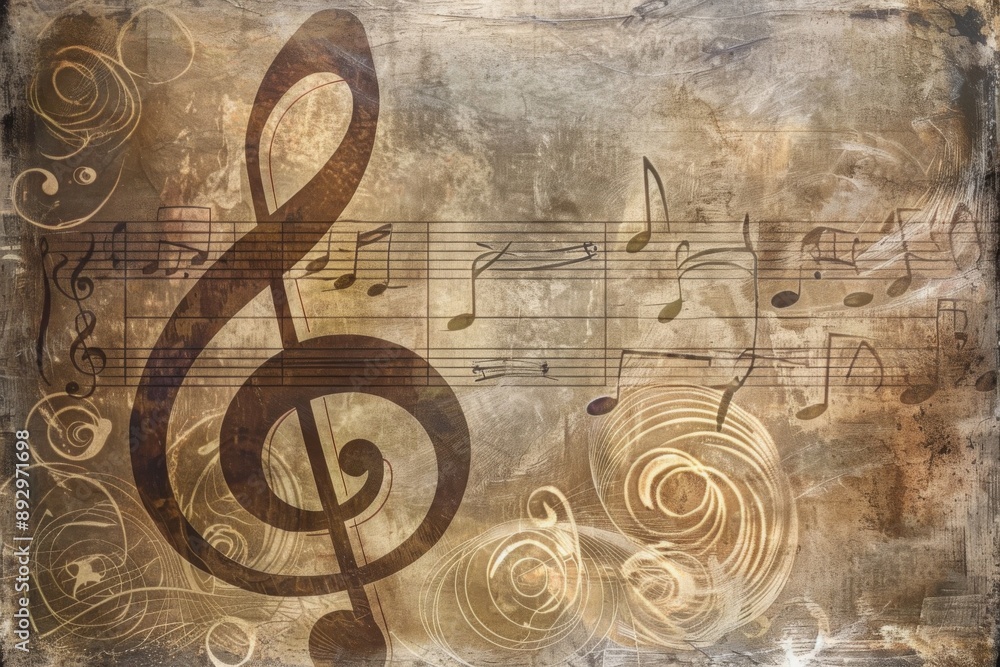 Vintage treble clef surrounded by swirling music notes in muted earth ...