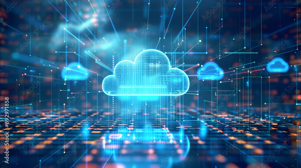 Digital informational technology web futuristic hologram with cloud icon, blue golden light ...