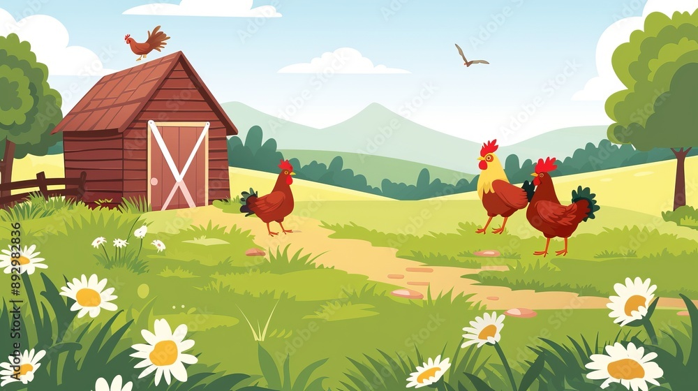 Colorful cartoon image of chickens, a barn, and daisies under a bright ...