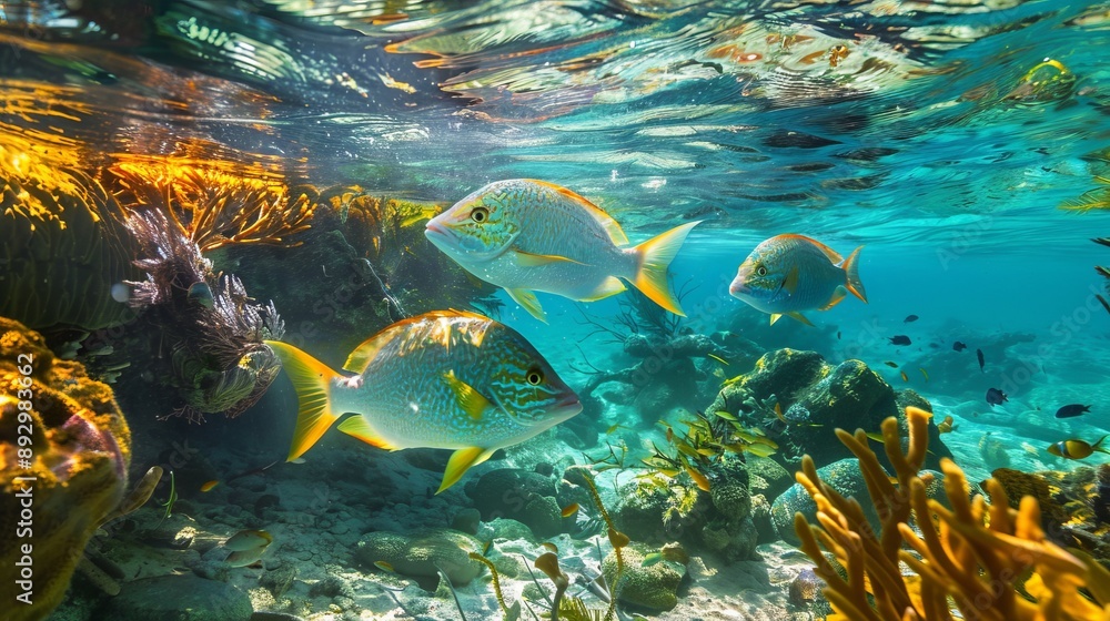 An underwater photograph depicting a healthy coral reef ecosystem ...