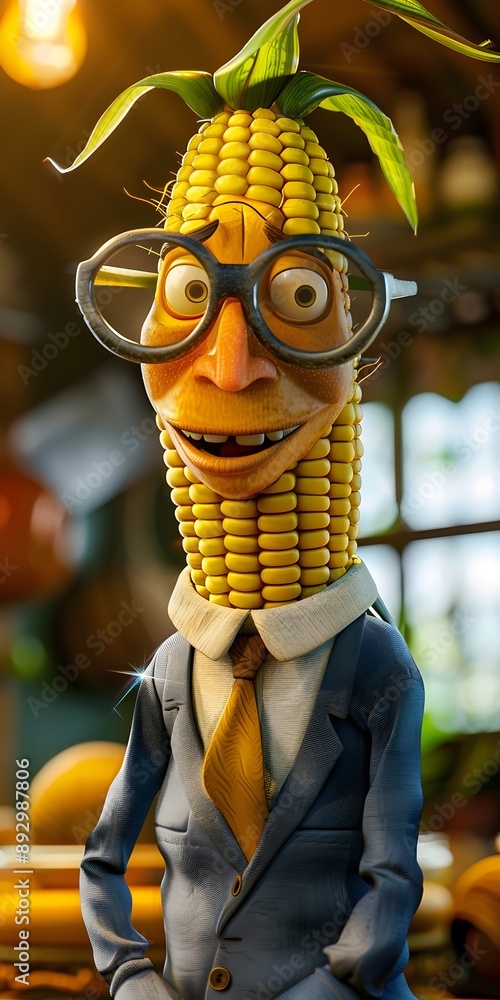 Animated Corn Character in Glasses and Suit: A Quirky Depiction of an ...