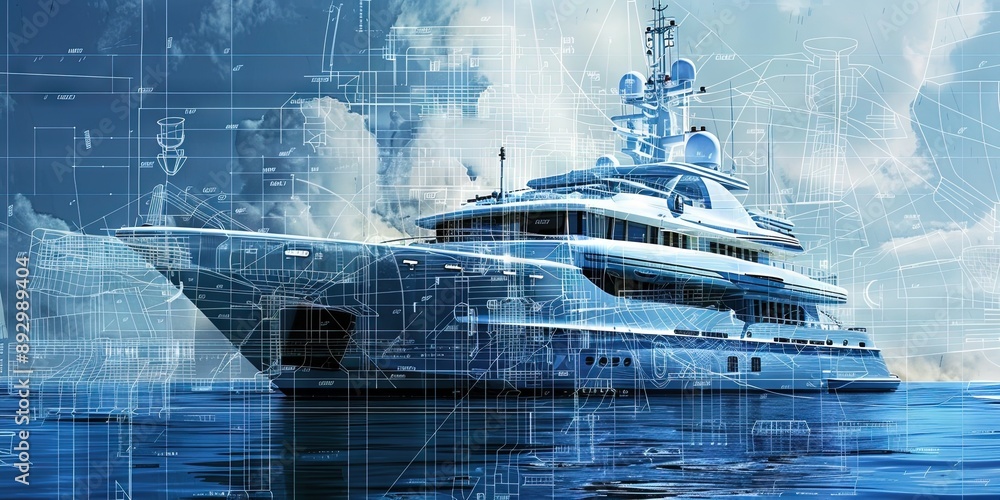 Yacht in the ocean with engineering blueprint schematics Stock ...