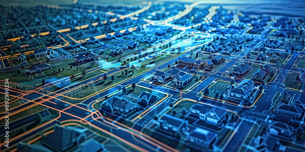 aerial photo of neighborhood with engineering data overlay Stock ...