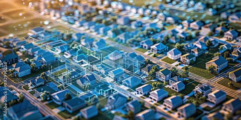 aerial photo of neighborhood with engineering data overlay Stock ...