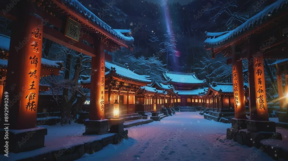 snowy winter night scene, illuminated traditional Japanese temple ...