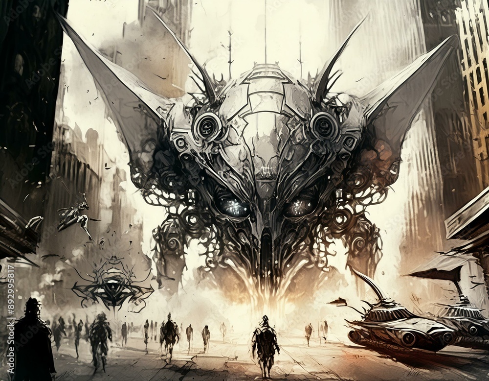 Neon lights surround the creatures, and the street is wet from rain ...