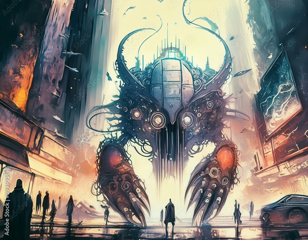 Neon lights surround the creatures, and the street is wet from rain ...