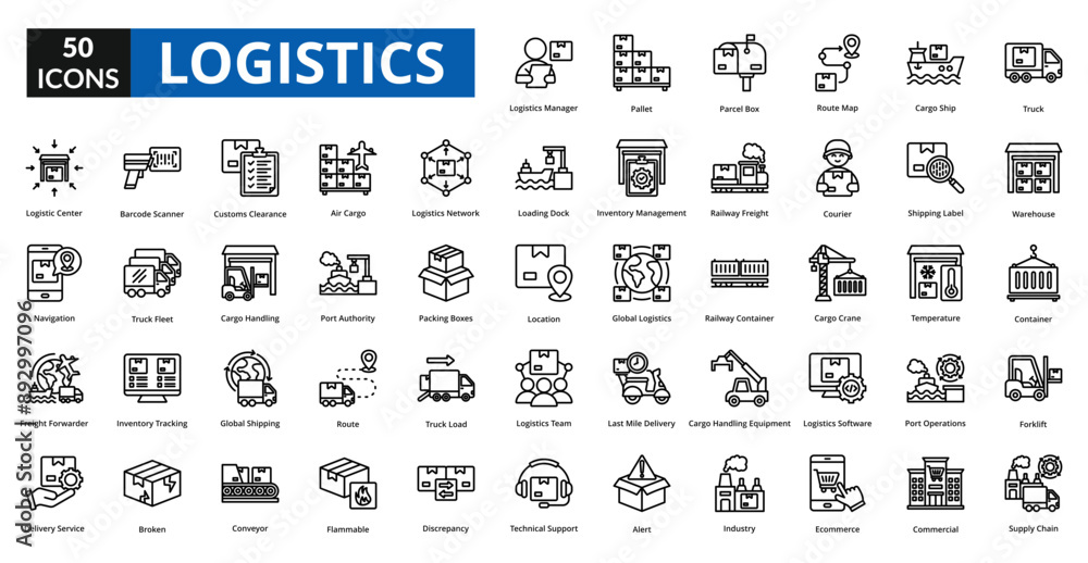 logistics icon set collection. truck, warehouse, container, forklift ...