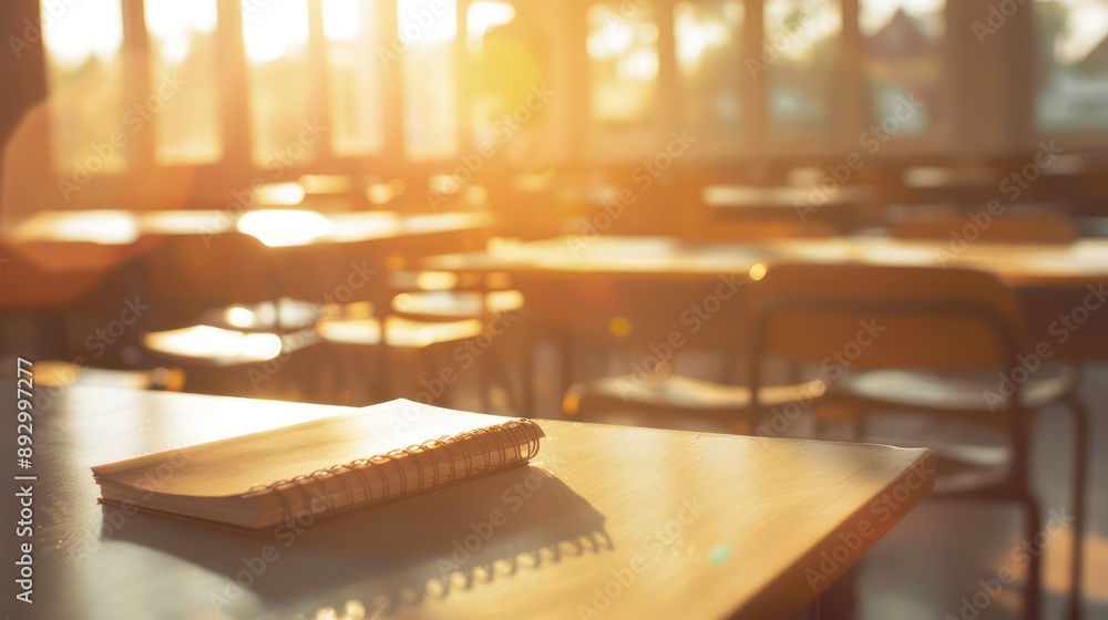 High school classroom background with a blurred desk and notebook on ...
