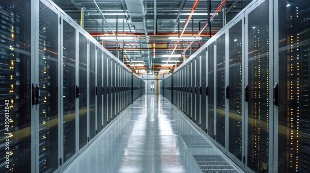 Large-scale server room featuring multiple rows of high-density racks, advanced fire suppression ...