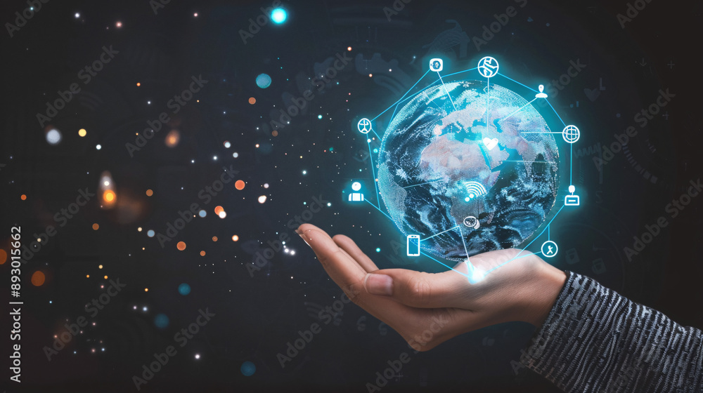 Hand holding digital Earth with glowing icons, perfect for technology ...