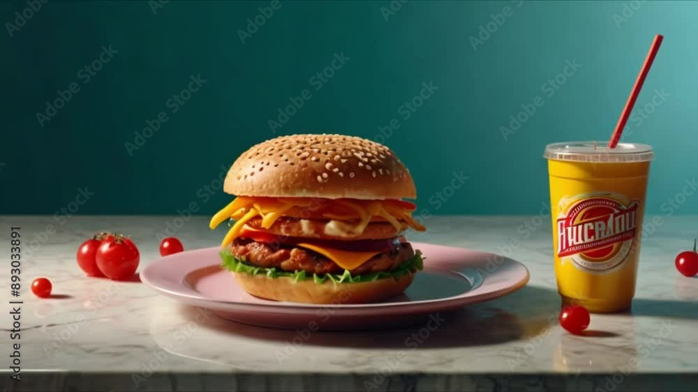 a burger advertisement catches the eye on a simple tabletop. looks ...