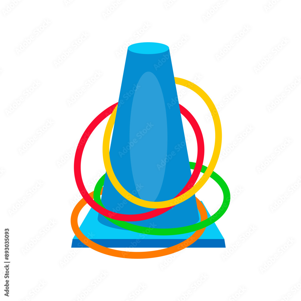 Plastic blue sports cone with hoops for activity game. Throw rings game ...