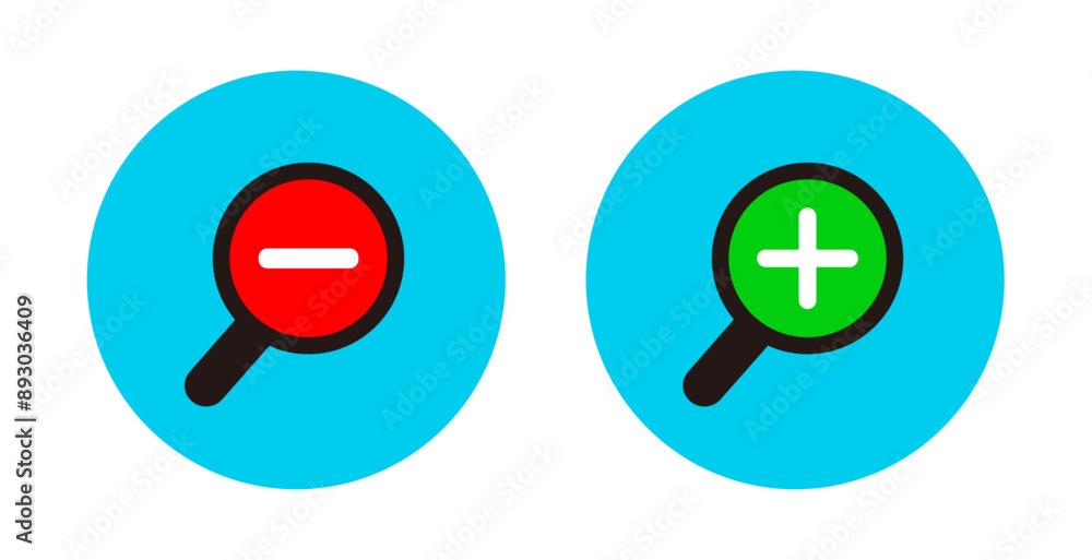 round magnifying glass icon green positive red negative mark symbol ...