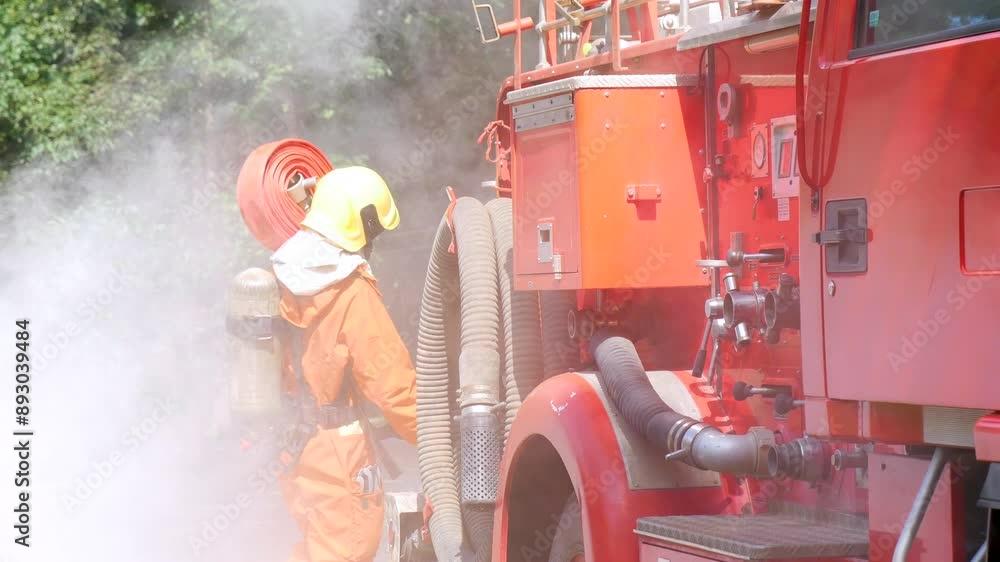 Firefighter fighting smoke flame use fire hose chemical water foam ...
