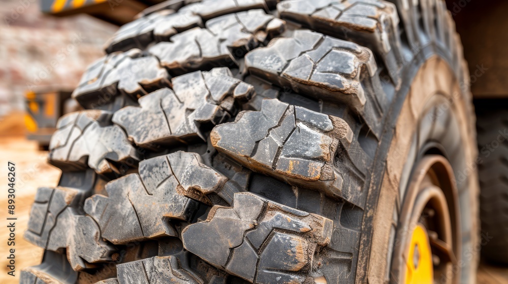 A close-up view of a giant tire from a heavy-duty mining truck. The ...