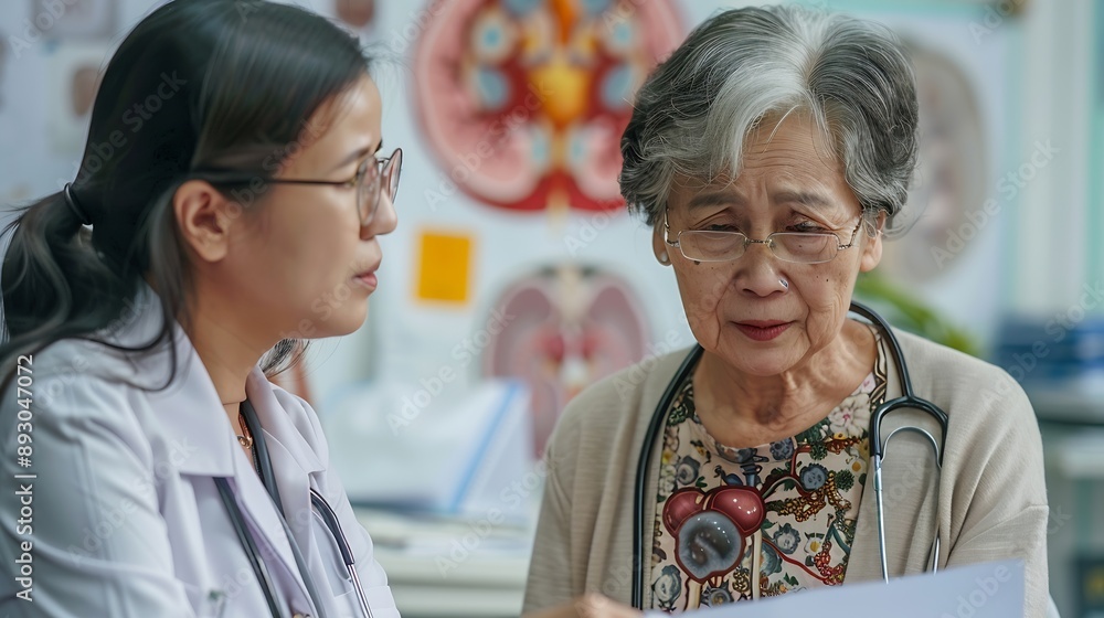 Caucasian woman and elderly Asian woman discuss kidney model issues ...