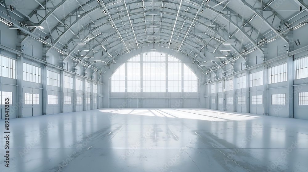 Huge empty industrial warehouse building White interior Hemispherical ...